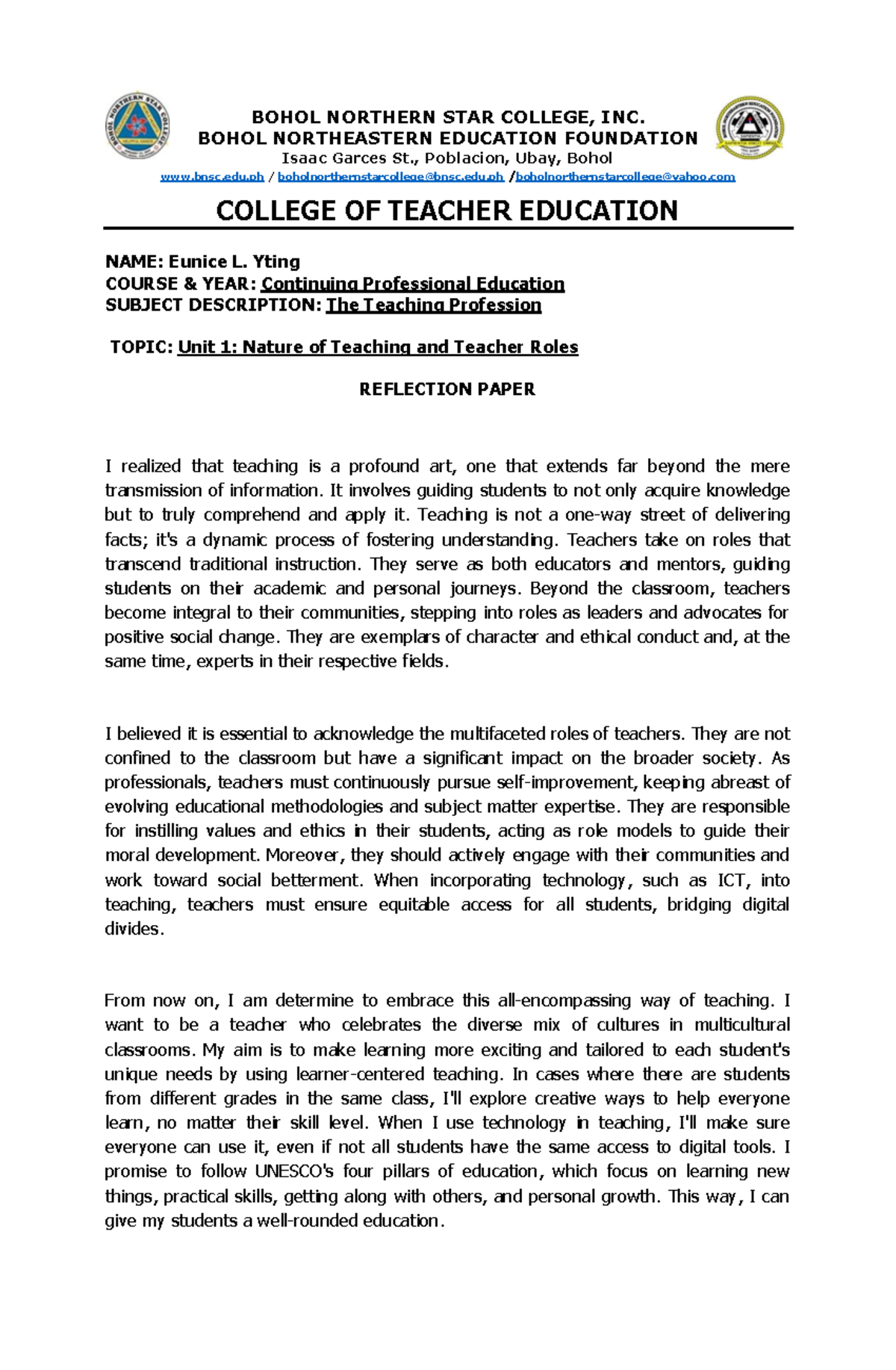 The Teaching Profession - BOHOL NORTHERN STAR COLLEGE, INC. BOHOL ...