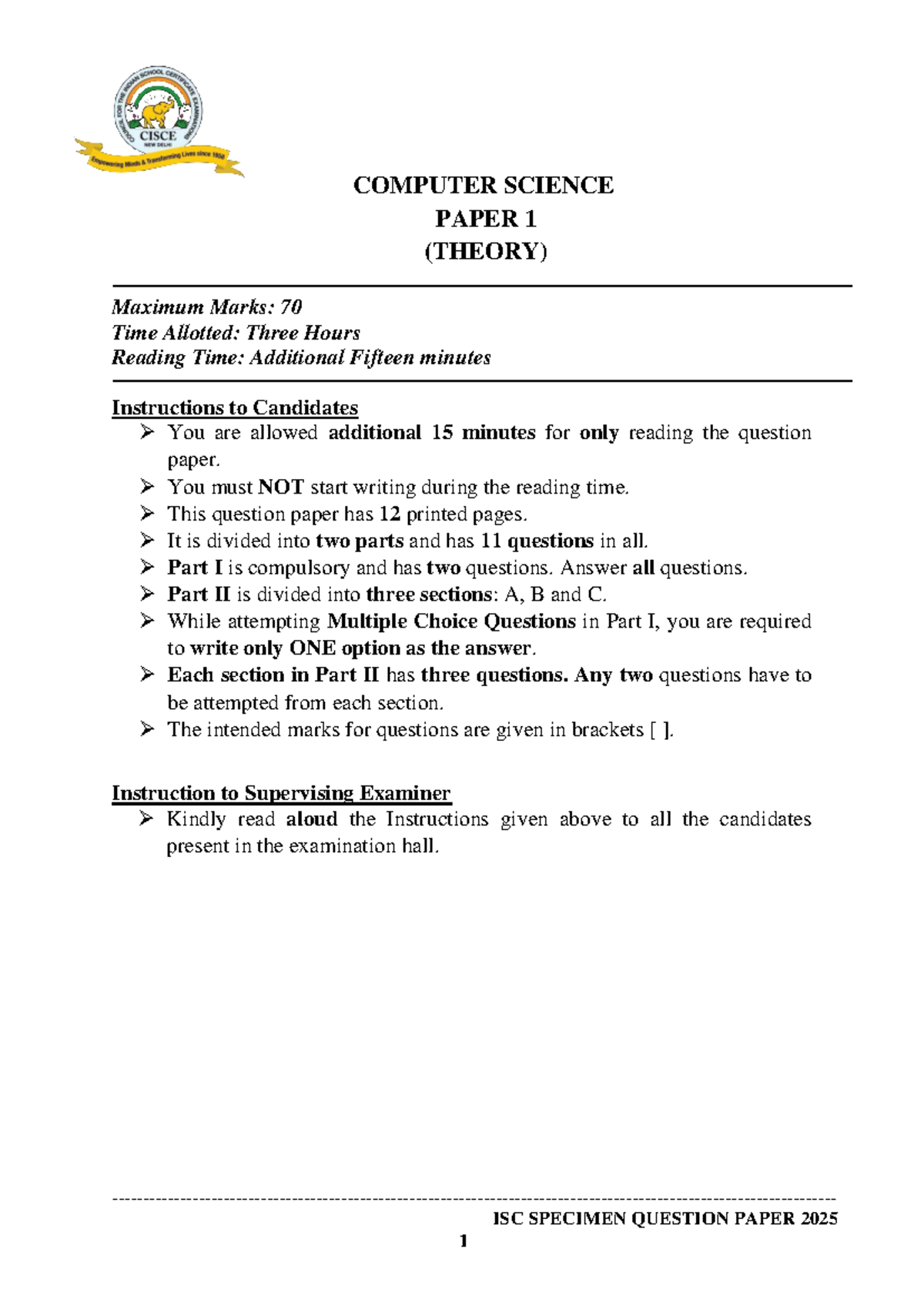 ISC COMPUTER SCIENCE PAPER 1 (THEORY) SPECIMEN QUESTION PAPER 2025 ...