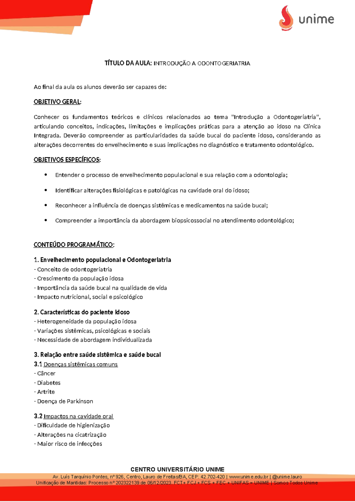 Plano de Aula: Introdução à Odontogeriatria - Encontro 1 - Studocu