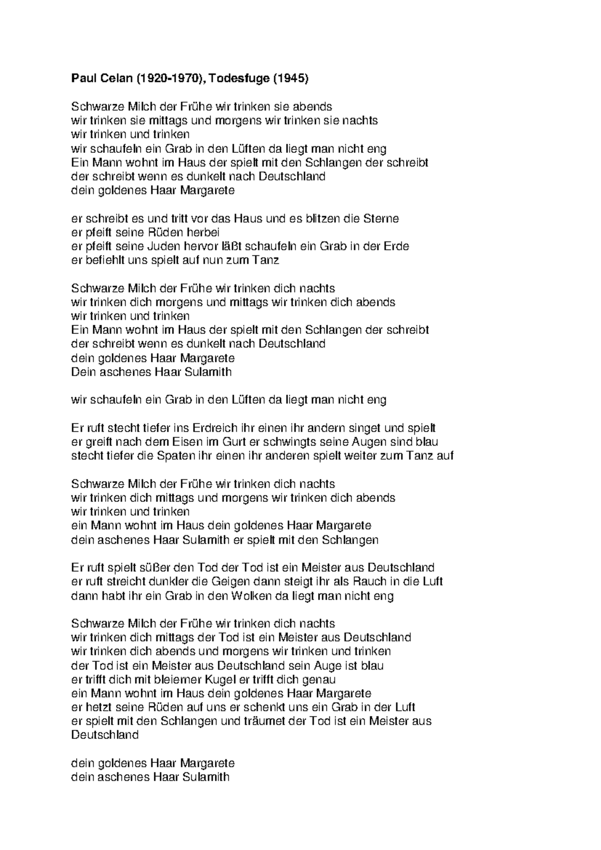 Paul Celan's "Todesfuge" (1945) - Analysis and Interpretation - Studocu