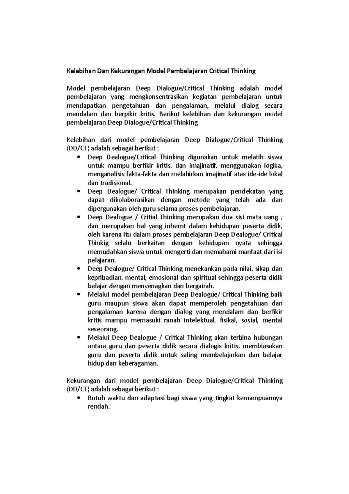 Kelebihan dan Kekurangan Model Pembelajaran DD/CT (Critical Thinking ...