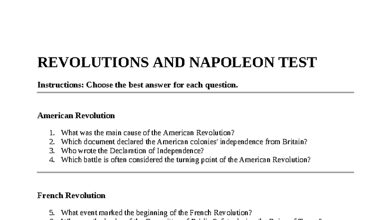 Enlightenment & Revolutions: Napoleon Test Review - Studocu
