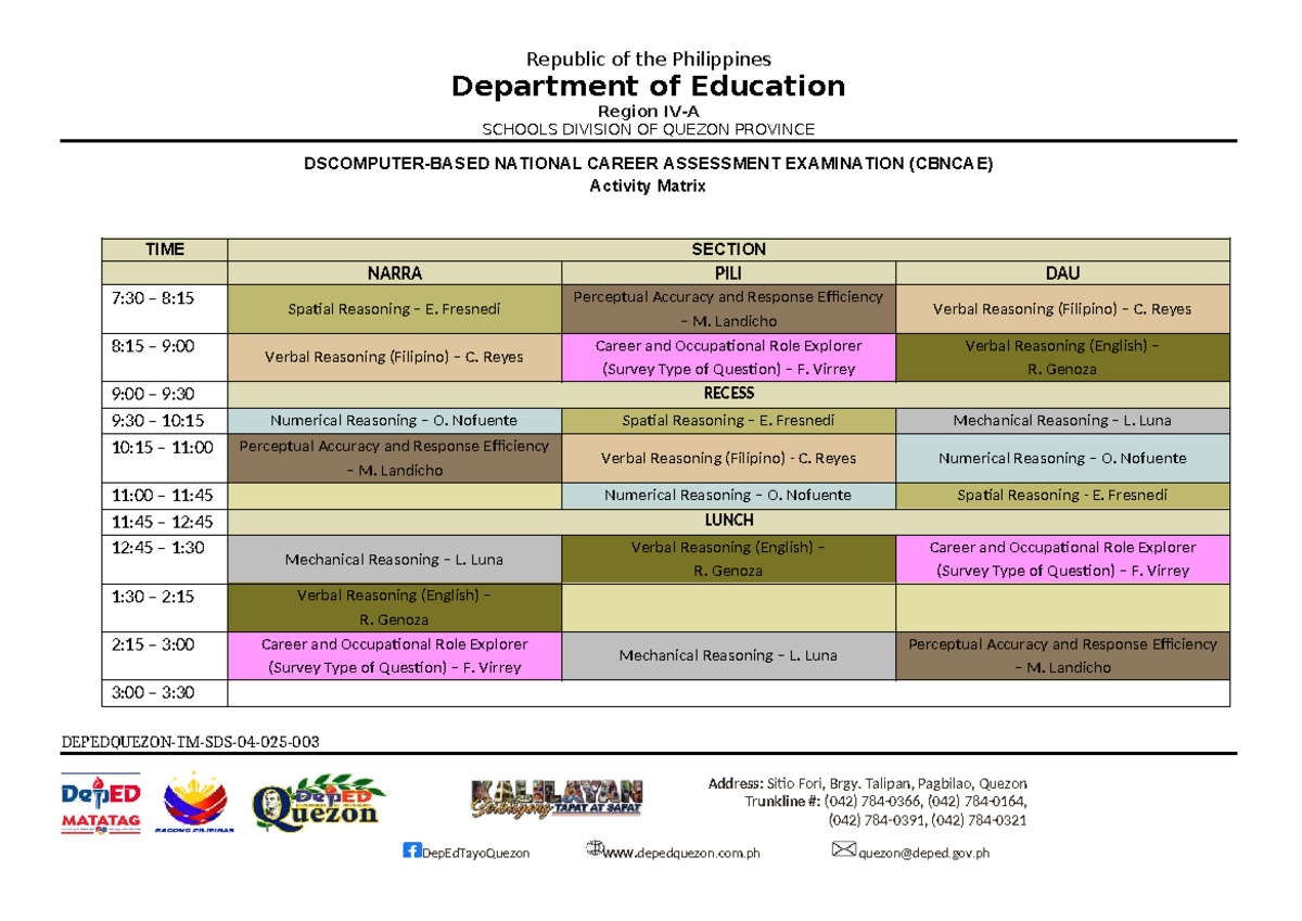 CBNCAE Activity Matrix for Grade 10 Mock Test Schedule - Studocu