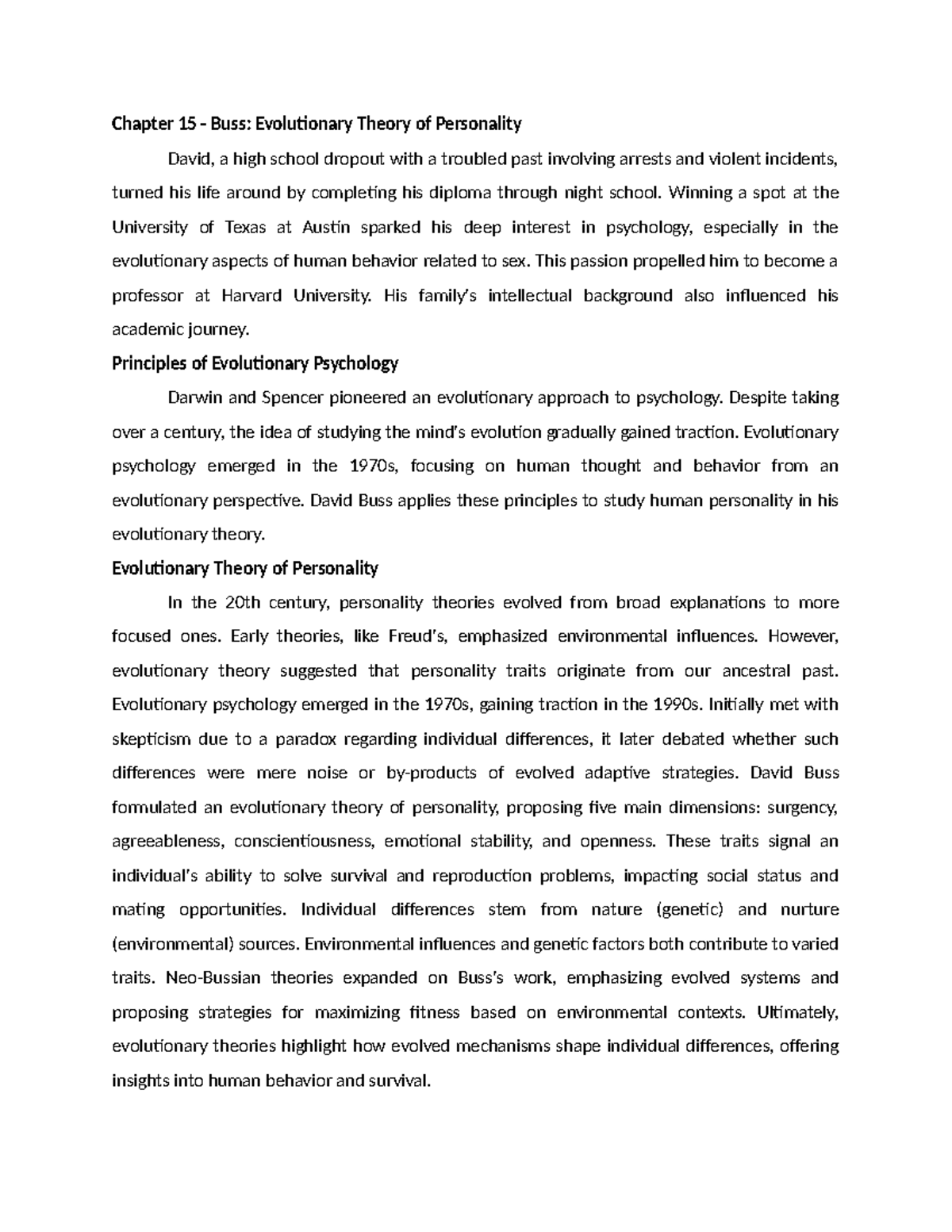 Chapter 15 - Evolutionary Theory of Personality by David Buss - Studocu