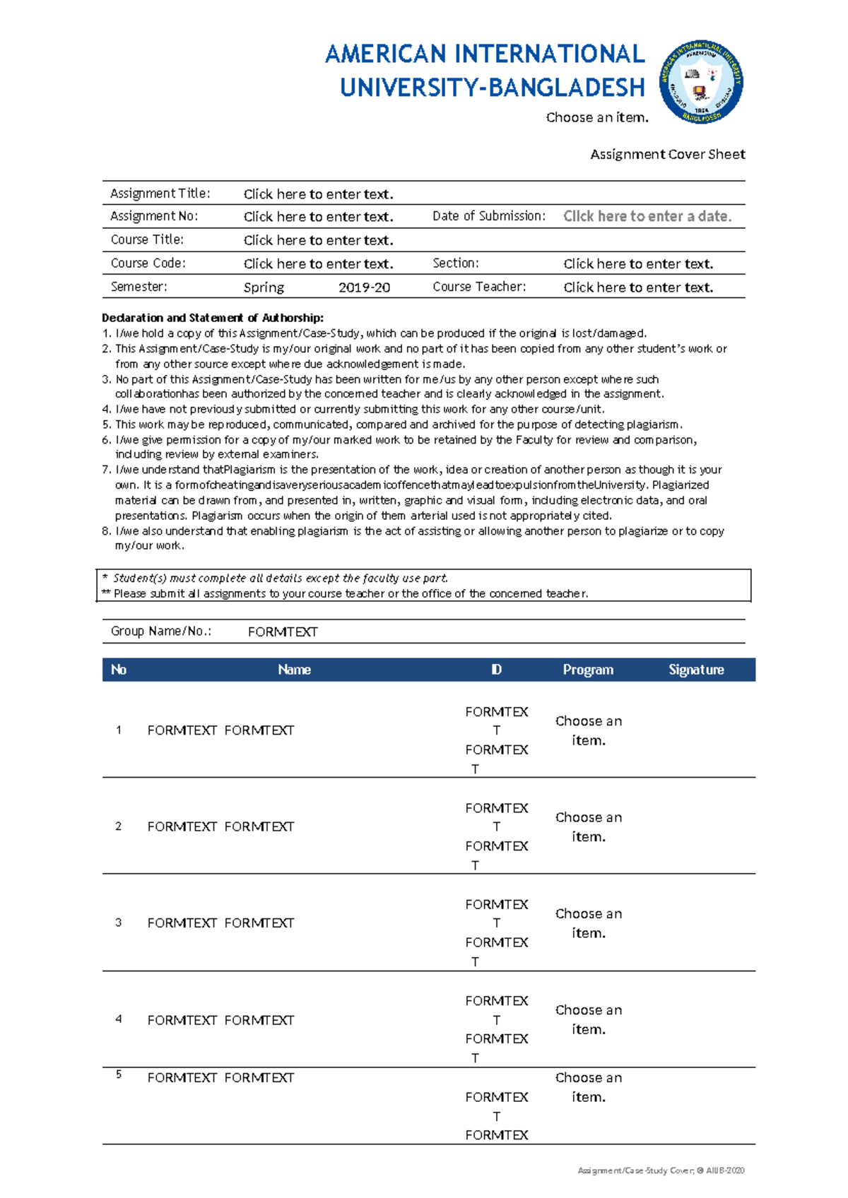 AIUB Assignment Cover Sheet Template for Spring 2019-20 - Studocu