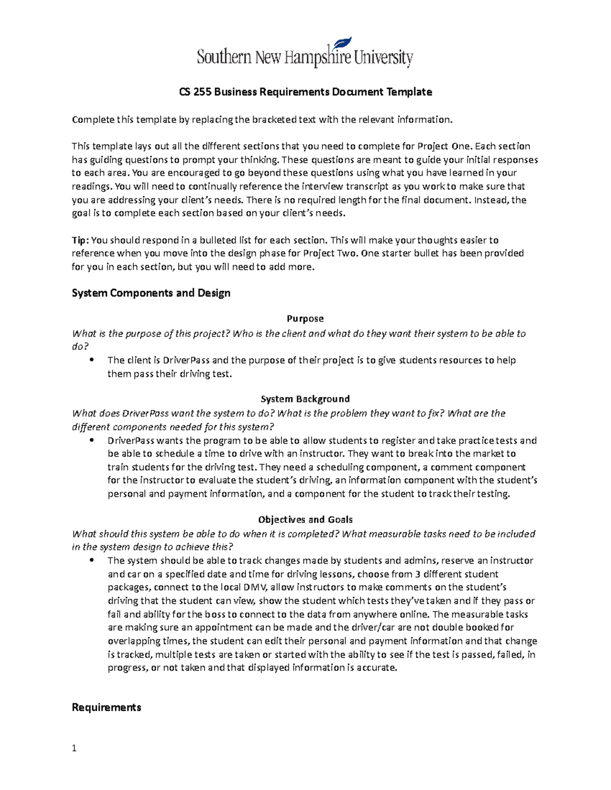 CS 255 Project One Business Requirements Document Template - Studocu