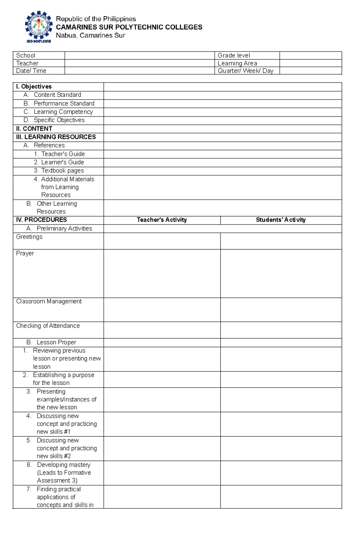 CSPC 101: Comprehensive Lesson Plan for School Teachers - Studocu