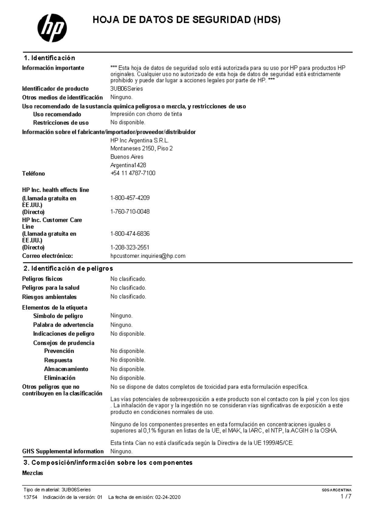 HDS Seguridad de Tinta HP 3UB06Series: Información y Peligros - Studocu