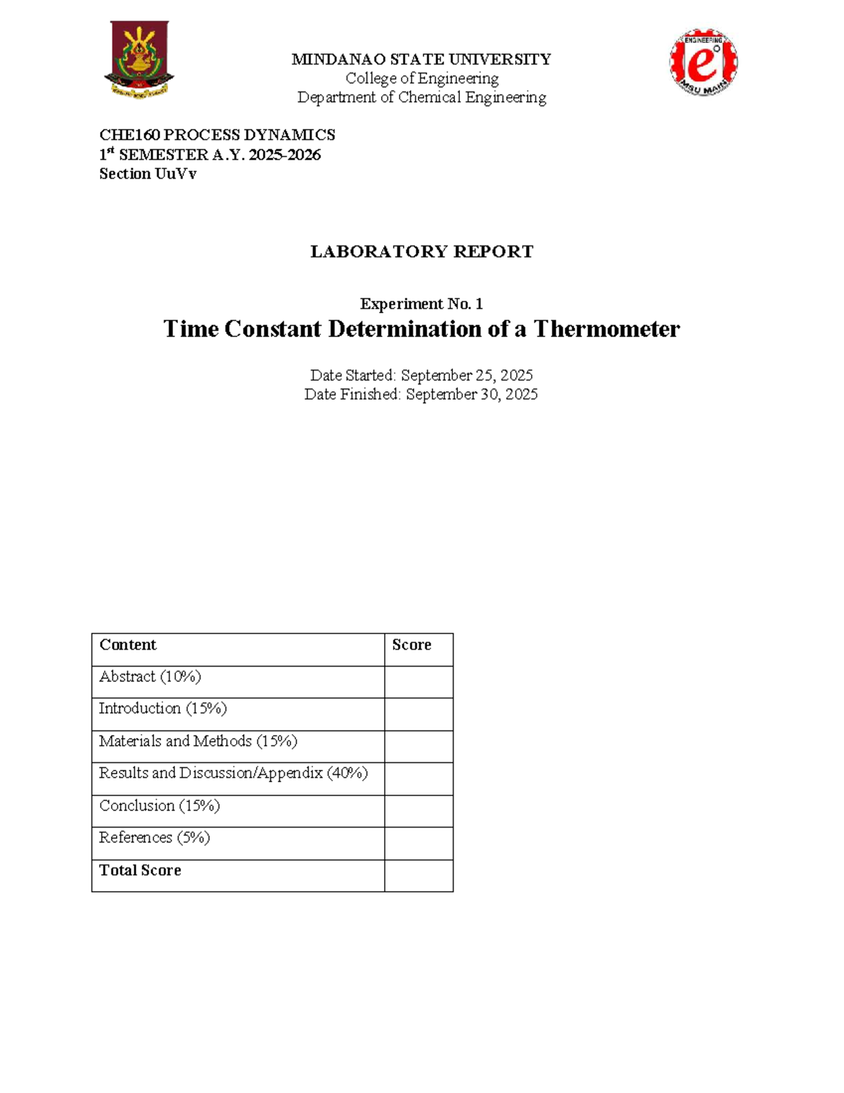 CHE 160 Process Dynamics: Time Constant Determination of a Thermometer ...