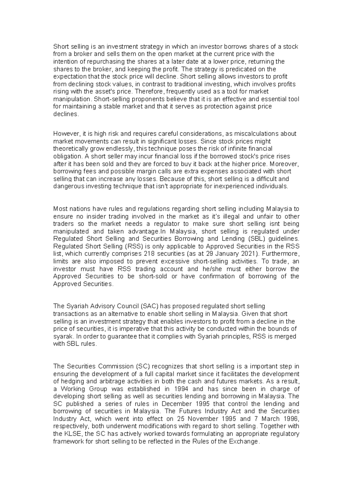 MGT334 Essay on Short Selling: Strategies and Regulations in Malaysia ...