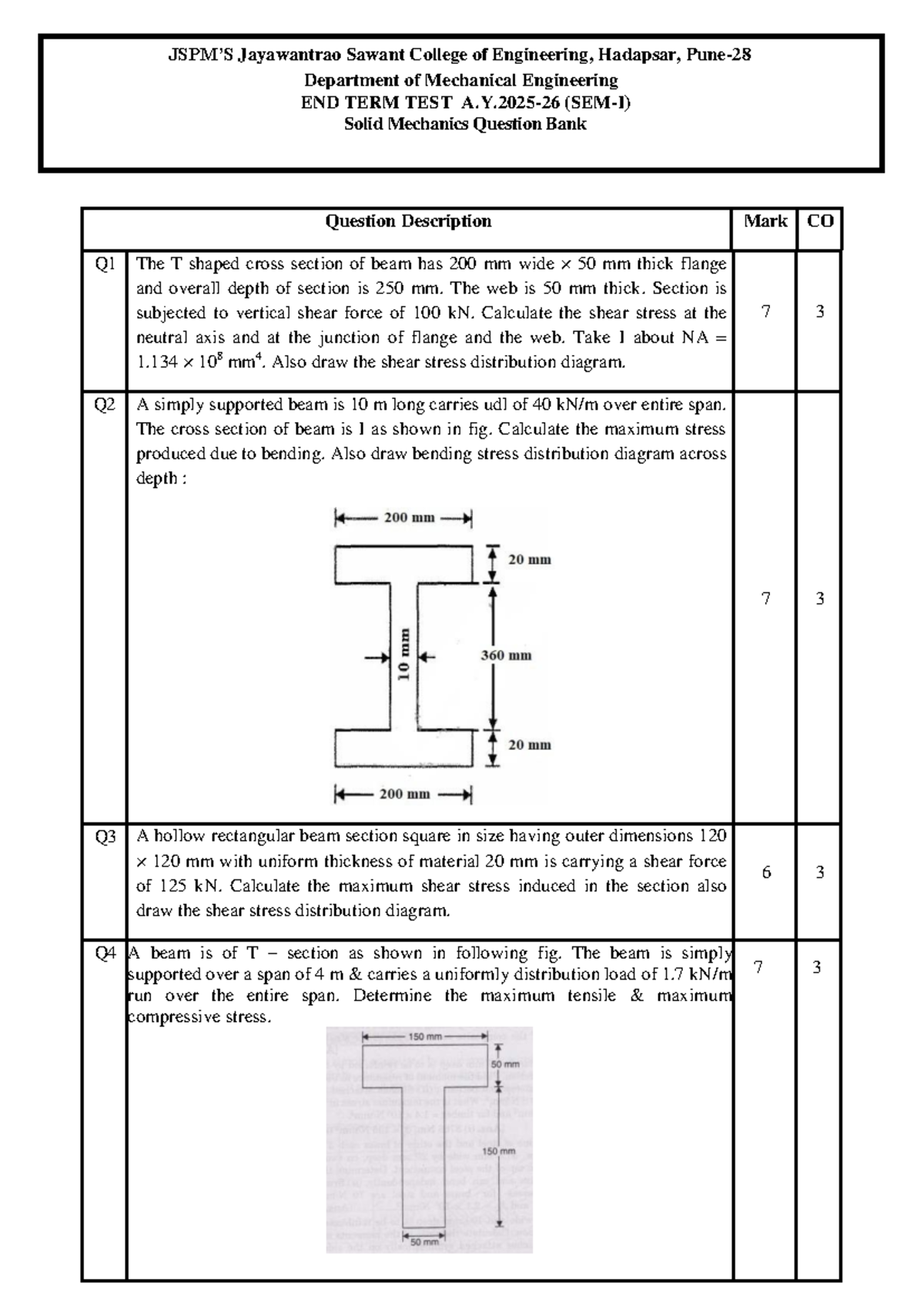 SM ETT QB - Solid Mechanics End Term Test Question Bank - Studocu