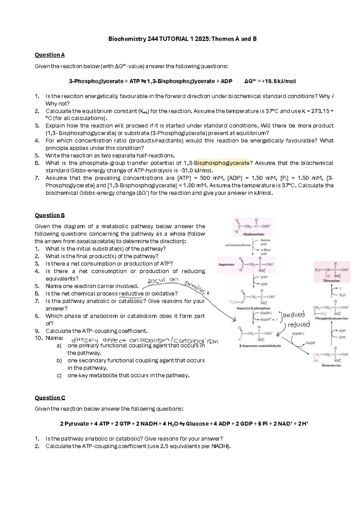 244 Biochemistry TUTORIAL 1 2025: Themes A & B Questions and Answers ...