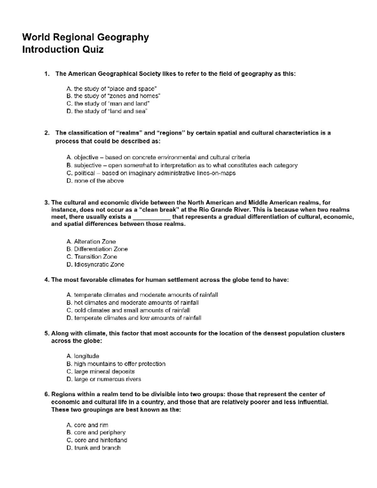 Introduction Quiz - World Regional Geography (IREL-100-50) Semester II ...