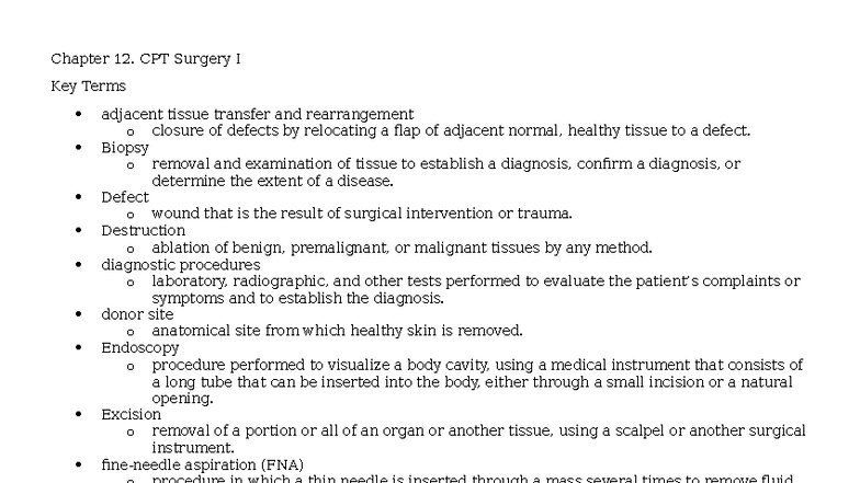 CPT Surgery I: Key Terms and Concepts for Chapter 12 - Studocu