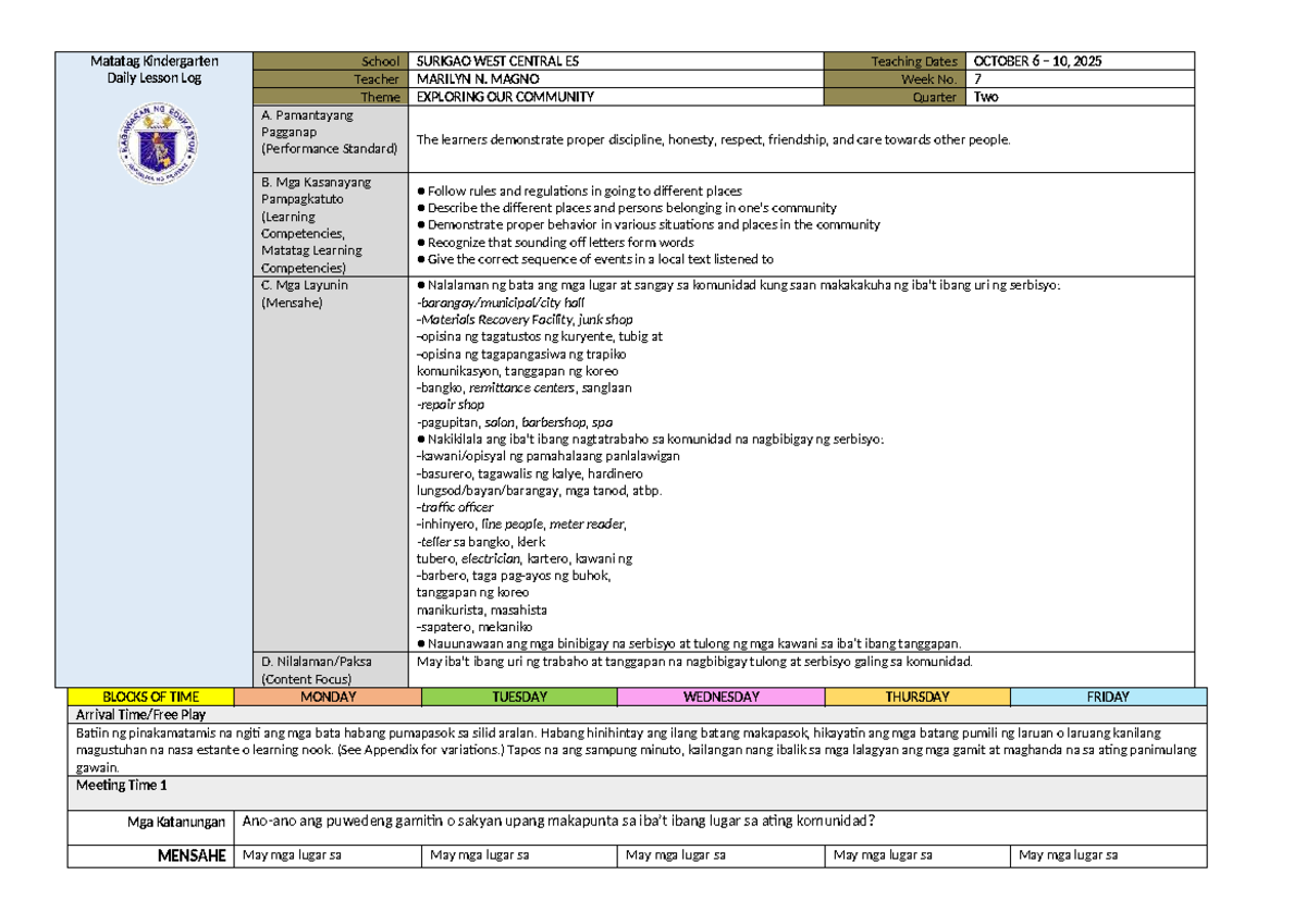 Q2-Week 7 Kindergarten Daily Lesson Log: Exploring Our Community - Studocu