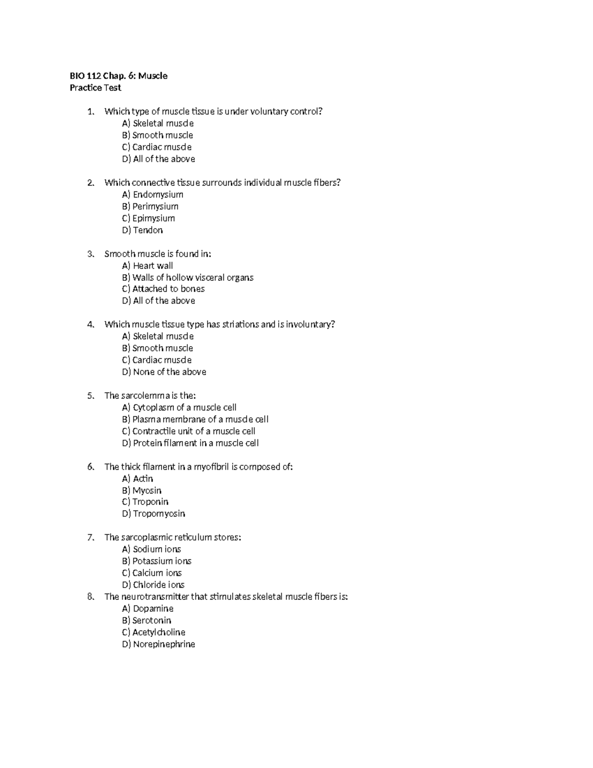 BIO 112 Chap. 6: Muscle Tissue Practice Test Questions - Studocu