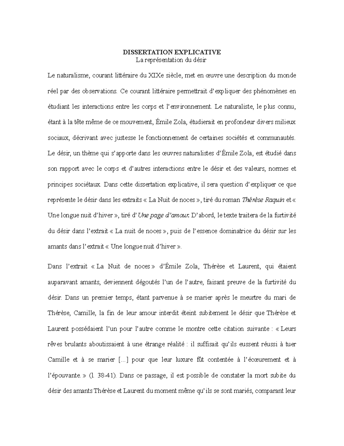 Dissertation explicative : Le désir dans le naturalisme d'Émile Zola - Studocu