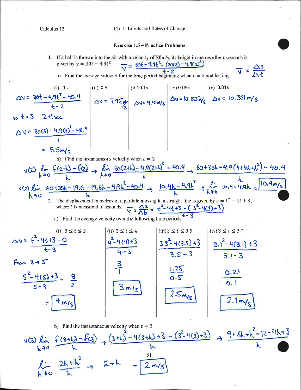 Calculus 12 Final Exam: Limits and Rates of Change Practice Problems ...