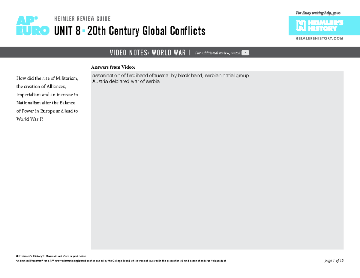 AP EURO HRG Unit 8: 20th Century Global Conflicts Video Notes - Studocu