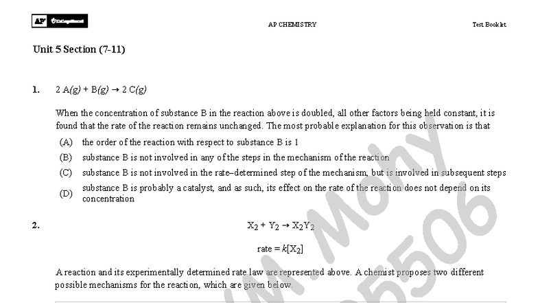 AP CHEMISTRY Unit 5 MCQ Test Booklet Sections 7-11 - Studocu