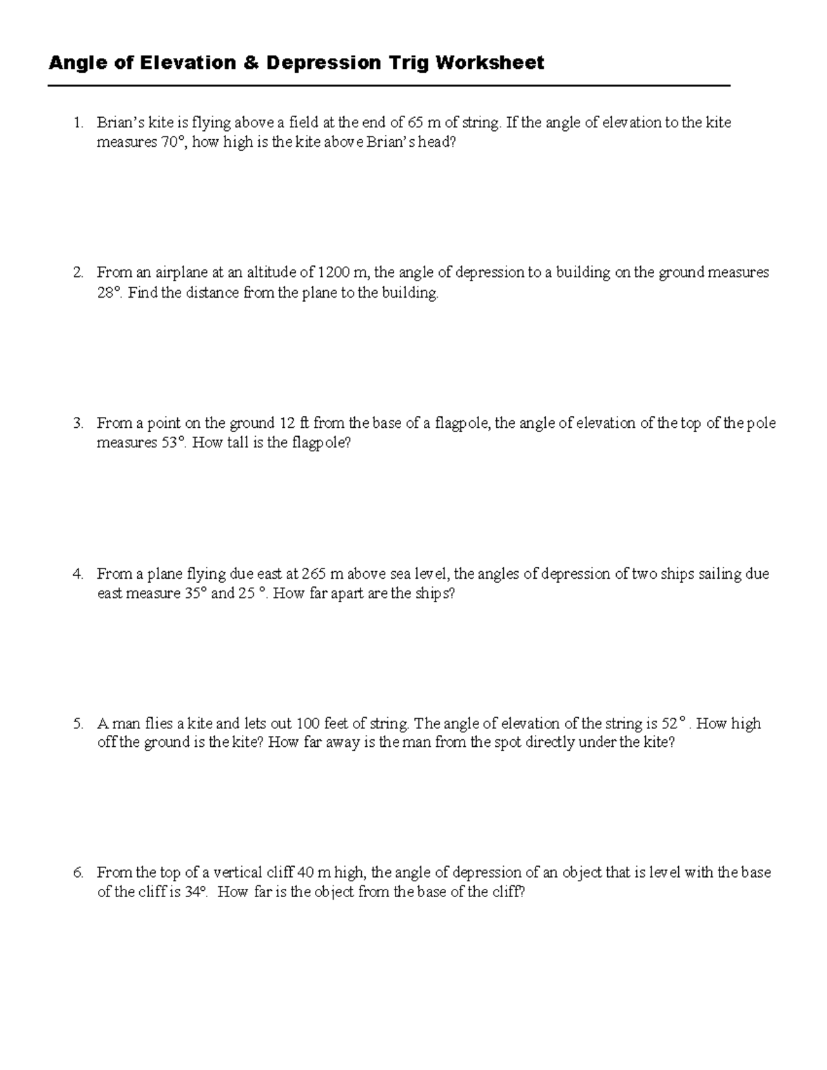 Angle of Elevation & Depression Practice Trig Worksheet - Studocu