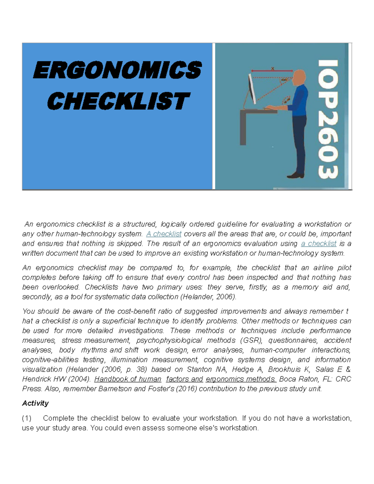 IOP2603 Ergonomics Checklist: Workstation Assessment Guide - Studocu