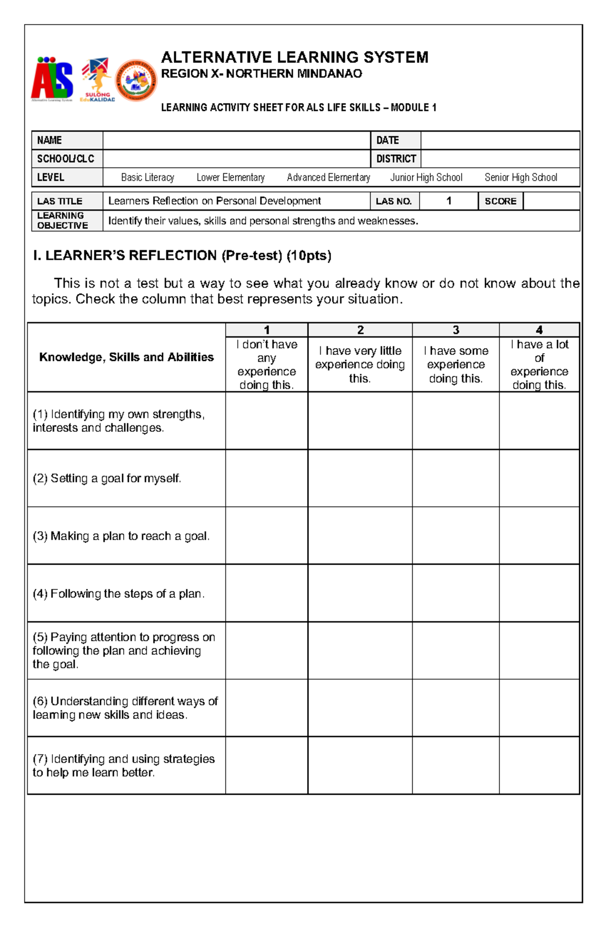 DLP Life Skills Mod1 LAS1 Learners Reflection on Personal Development ...