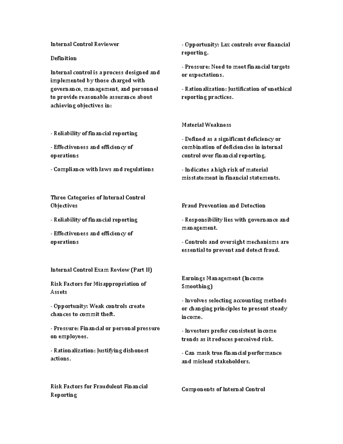 Internal Control Exam Review (Part II) - Key Concepts and Risks - Studocu