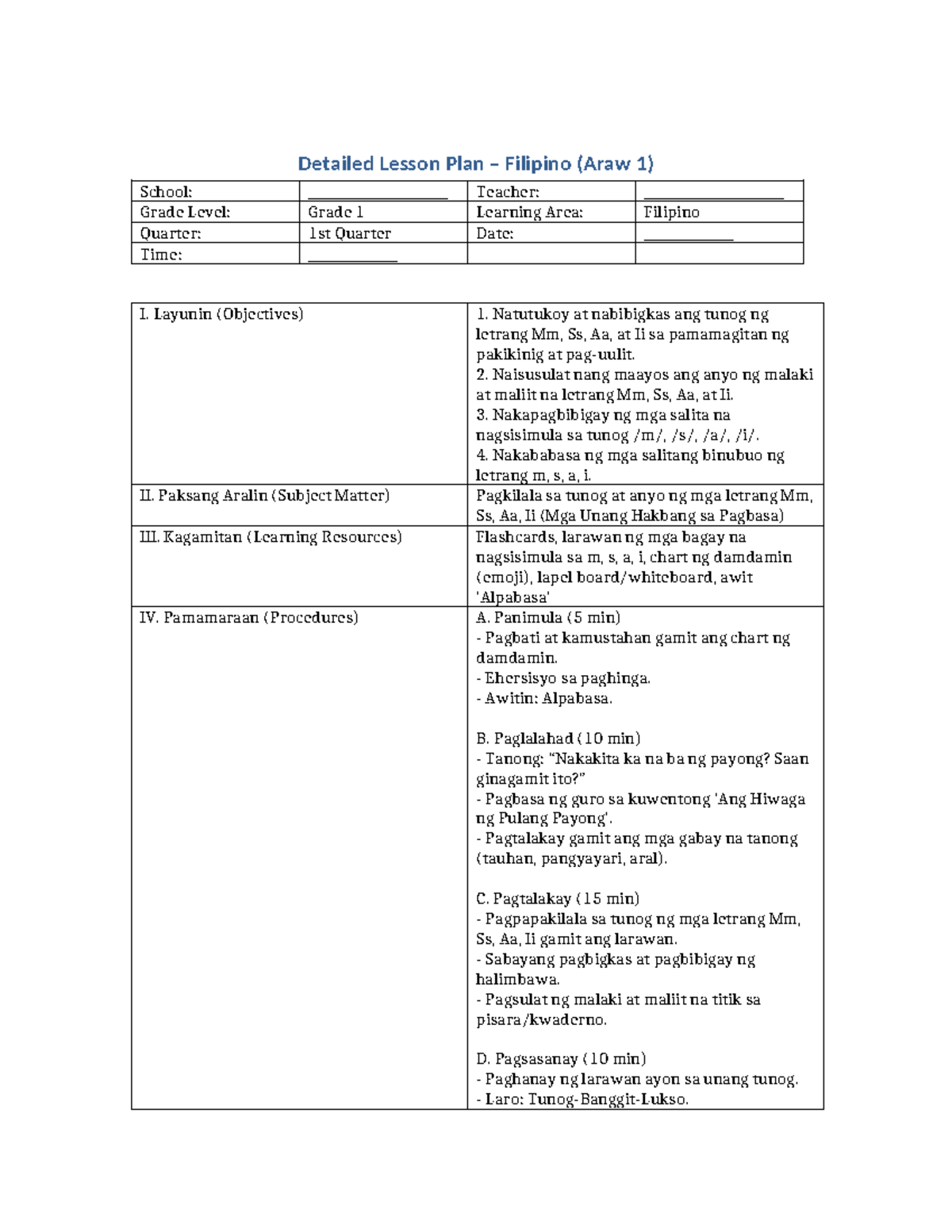DLL Filipino Lesson Plan Araw 1 - Grade 1 1st Quarter - Studocu
