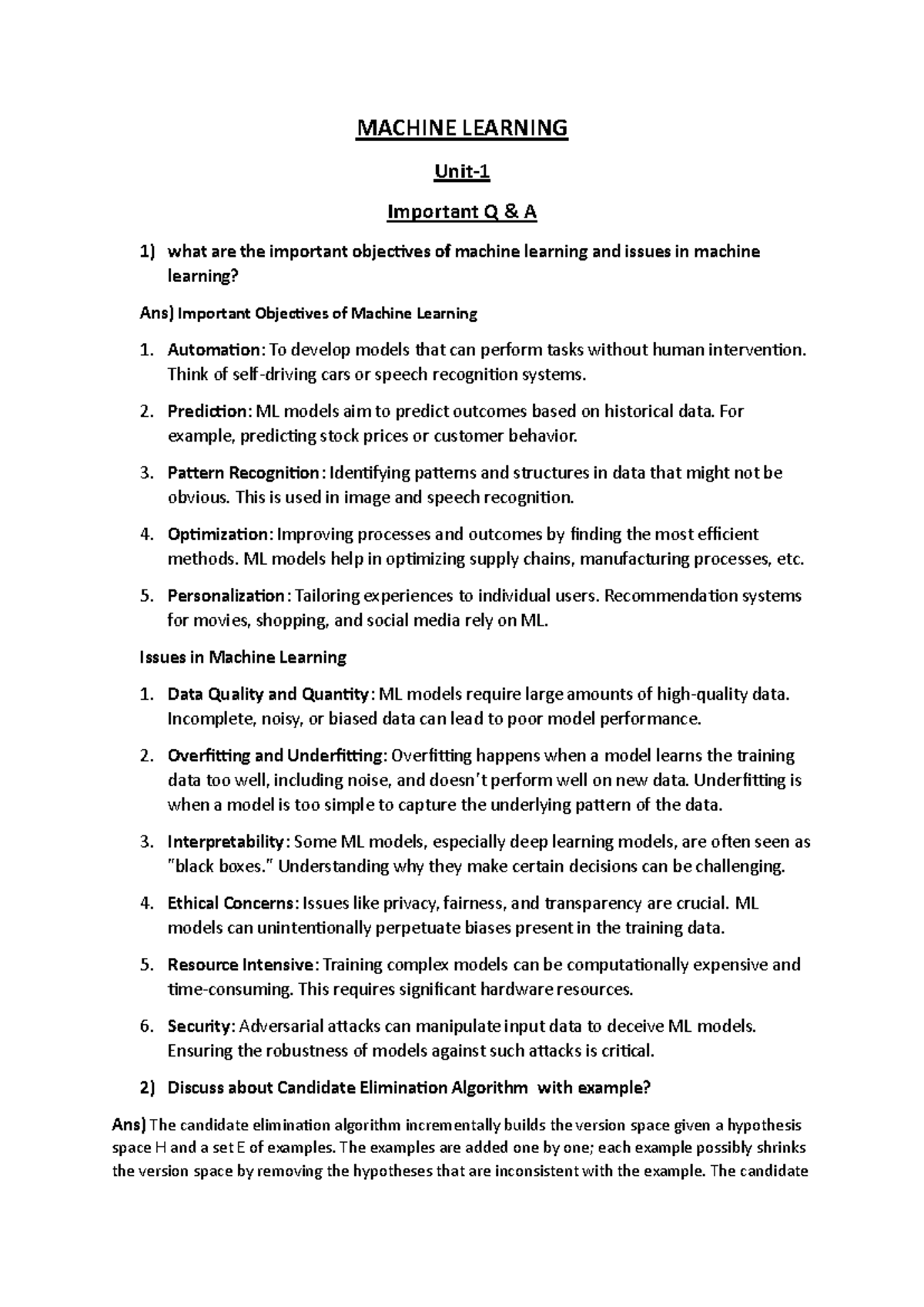 Unit-1 Machine Learning Imp Q & A - MACHINE LEARNING Unit- 1 Important ...