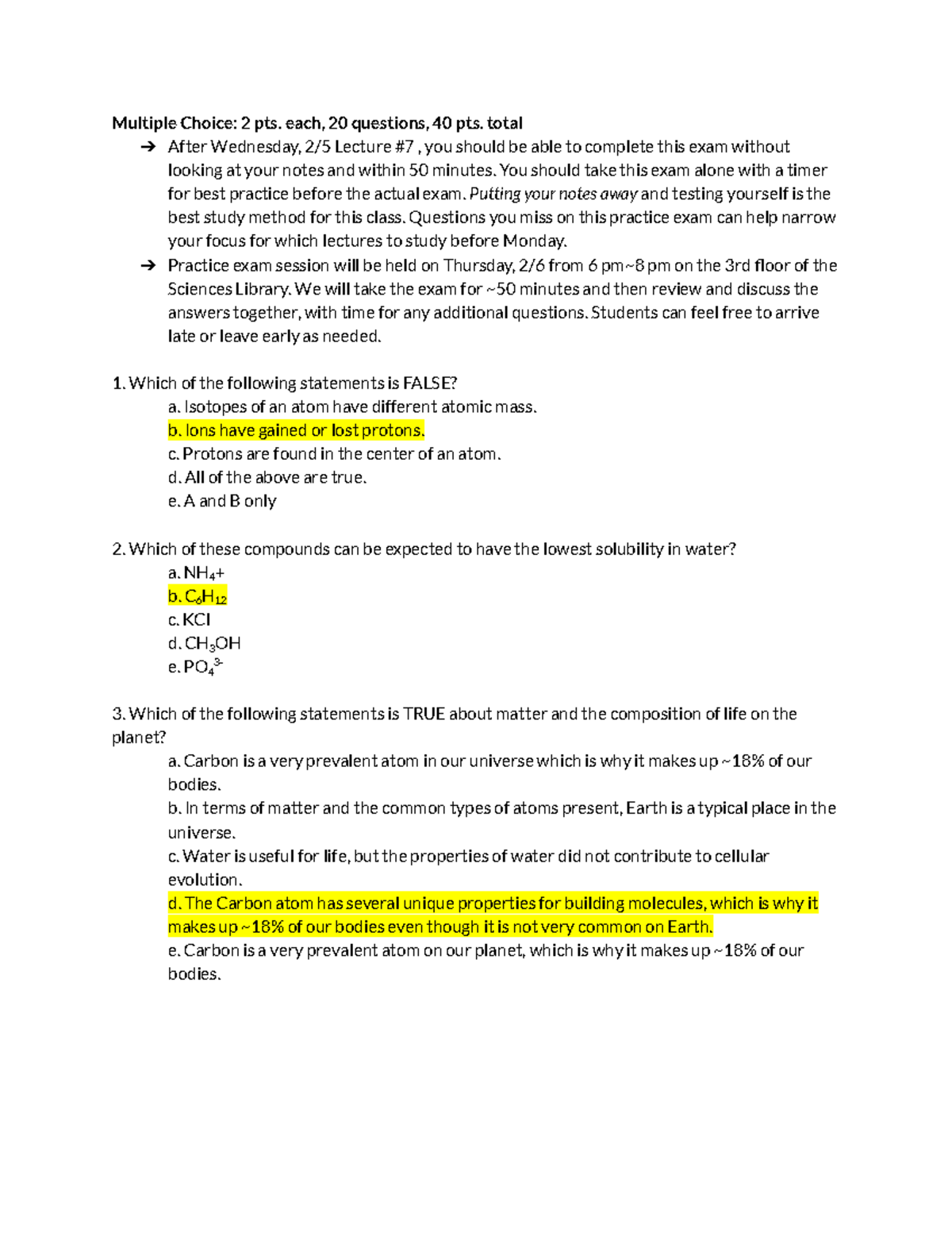 Practice Exam: Multiple Choice Questions for Lecture Review (40 pts ...
