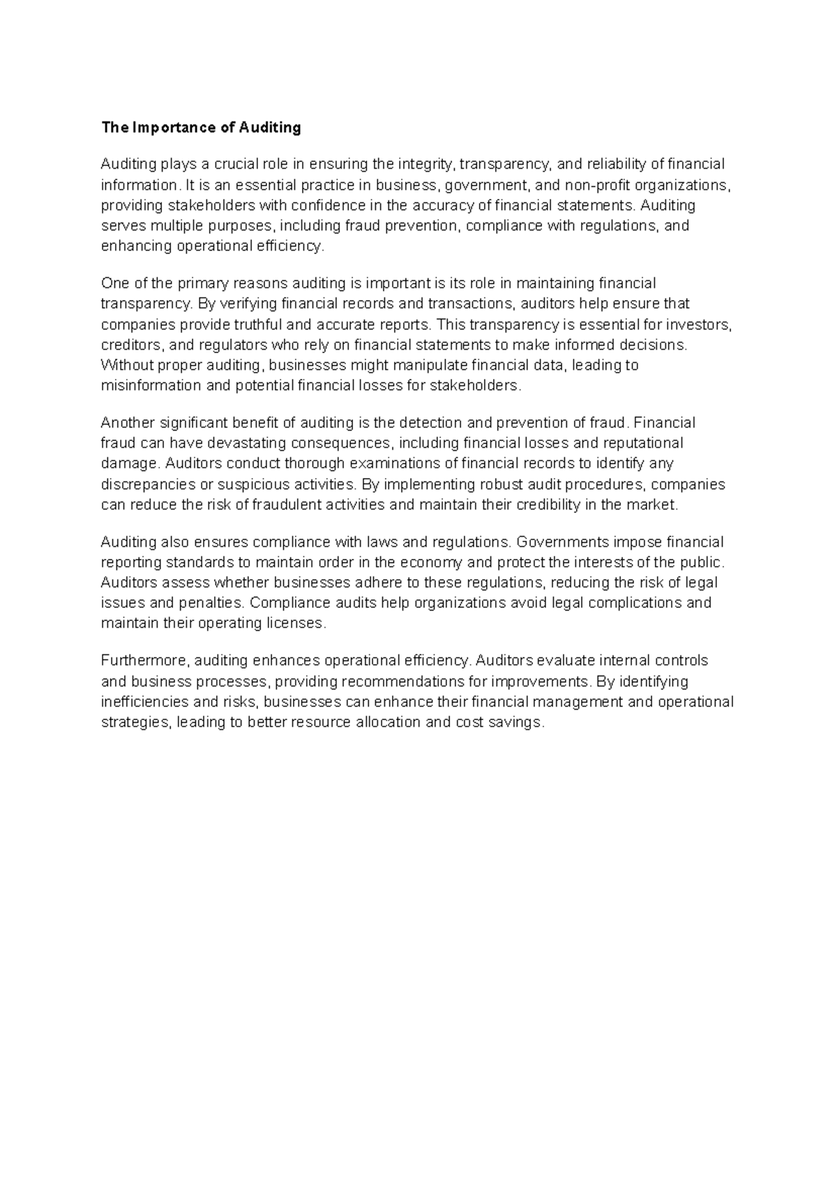 Auditing - The Importance of Auditing Auditing plays a crucial role in ...
