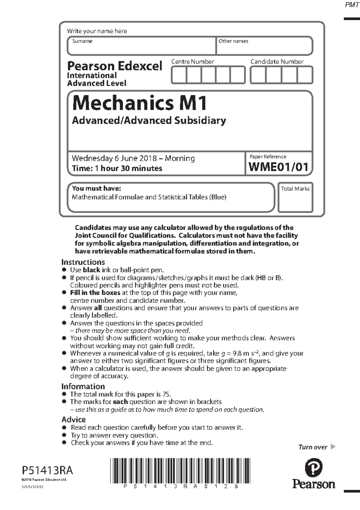 June 2018 IAL Mechanics M1 Edexcel Past Paper QP (WME01) - Studocu