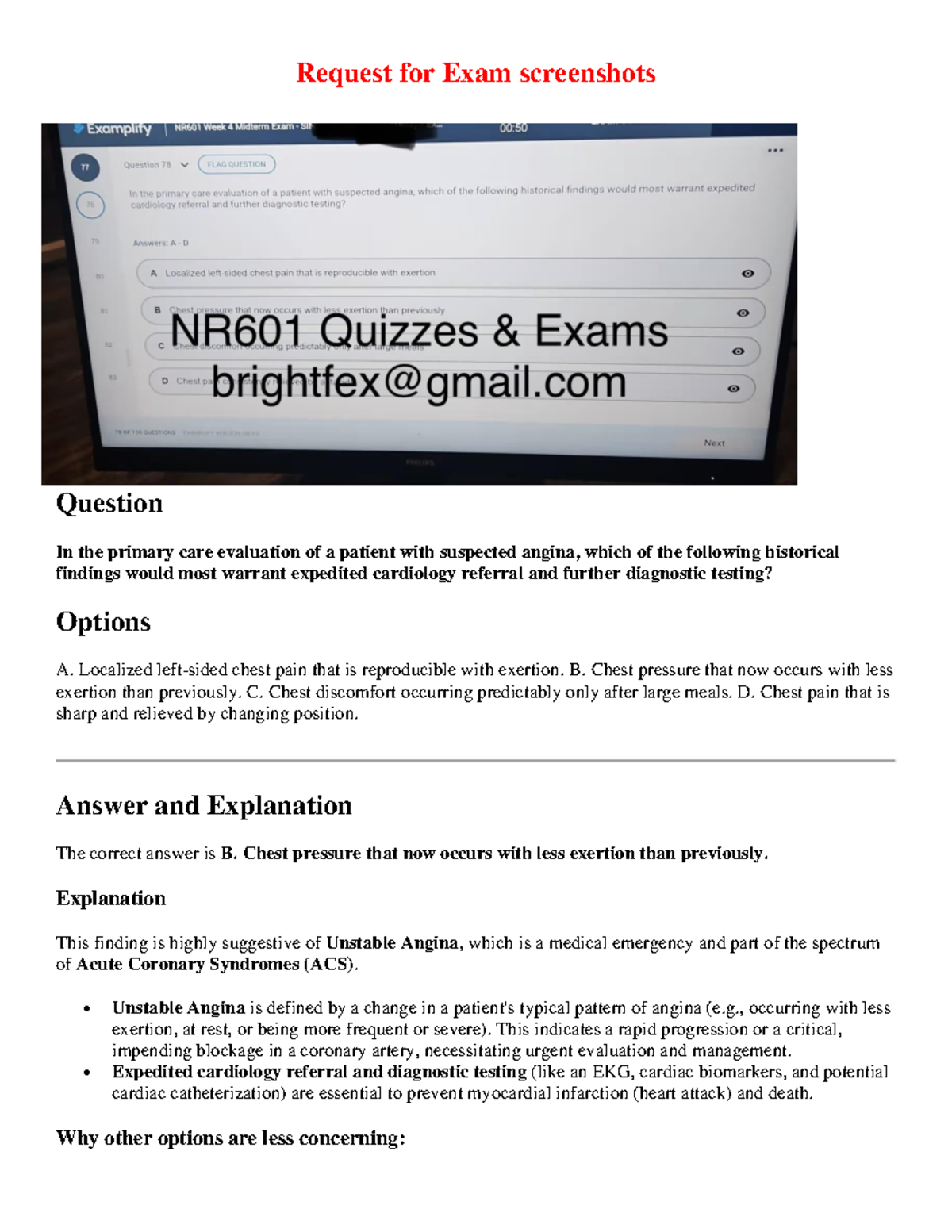NR601 Final Exam: Angina Evaluation and Cardiology Referral Insights ...