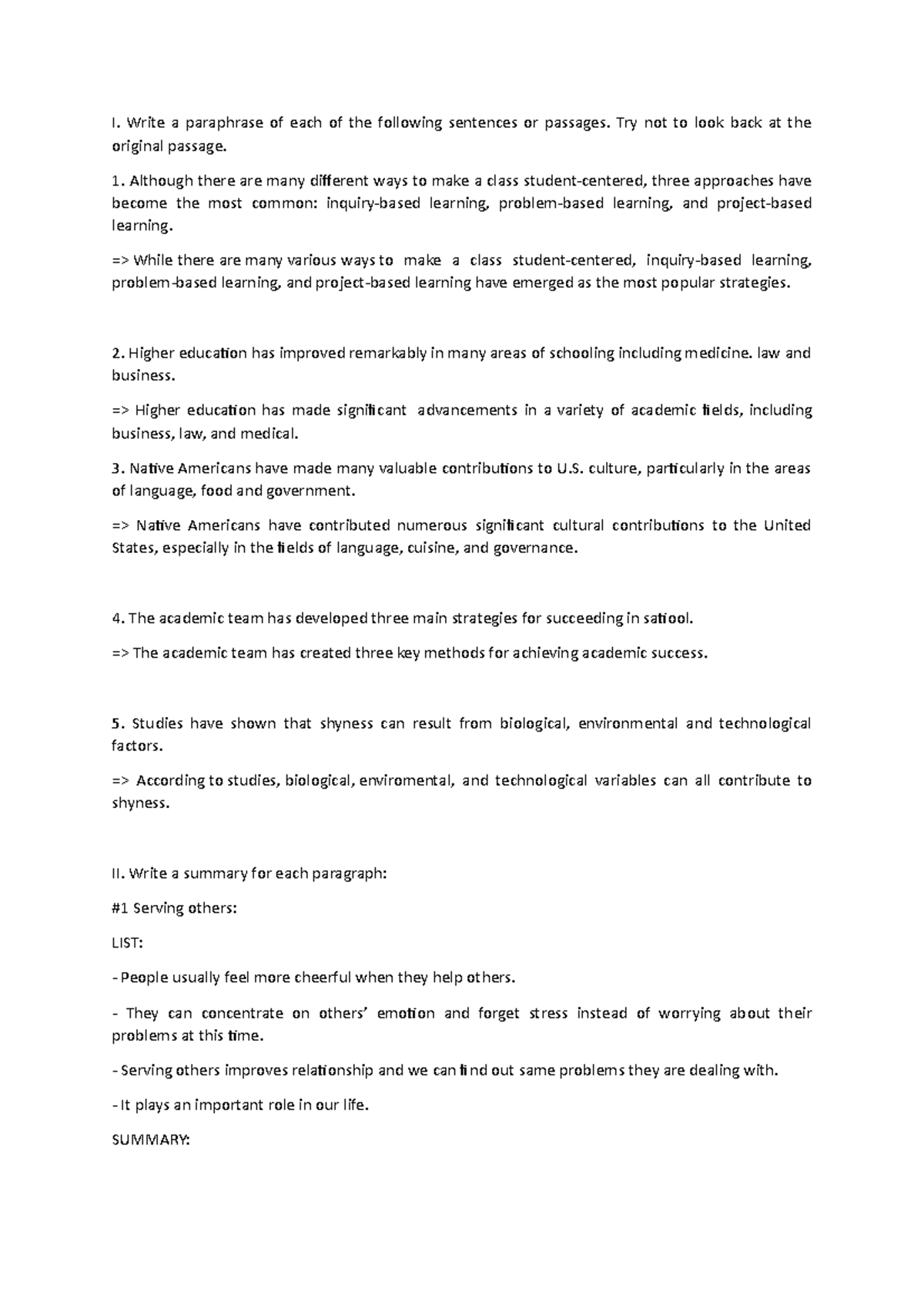 Paraphrasing and sumarizing - I. Write a paraphrase of each of the ...