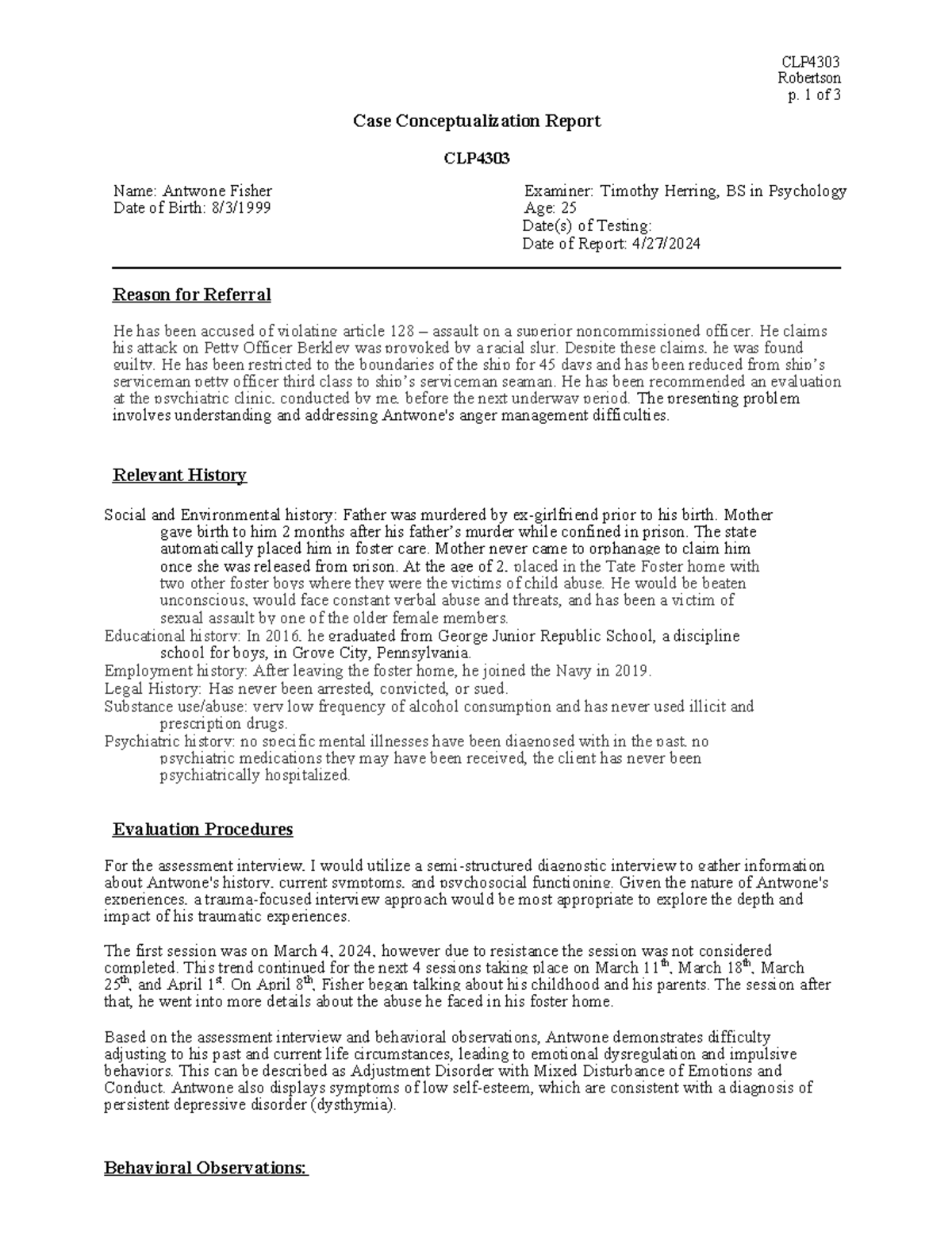 CLP Case Conceptualization Report: Antwone Fisher's Evaluation - Studocu