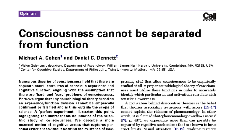 Cognitive Science 101: Consciousness and Function - Cohen & Dennett ...