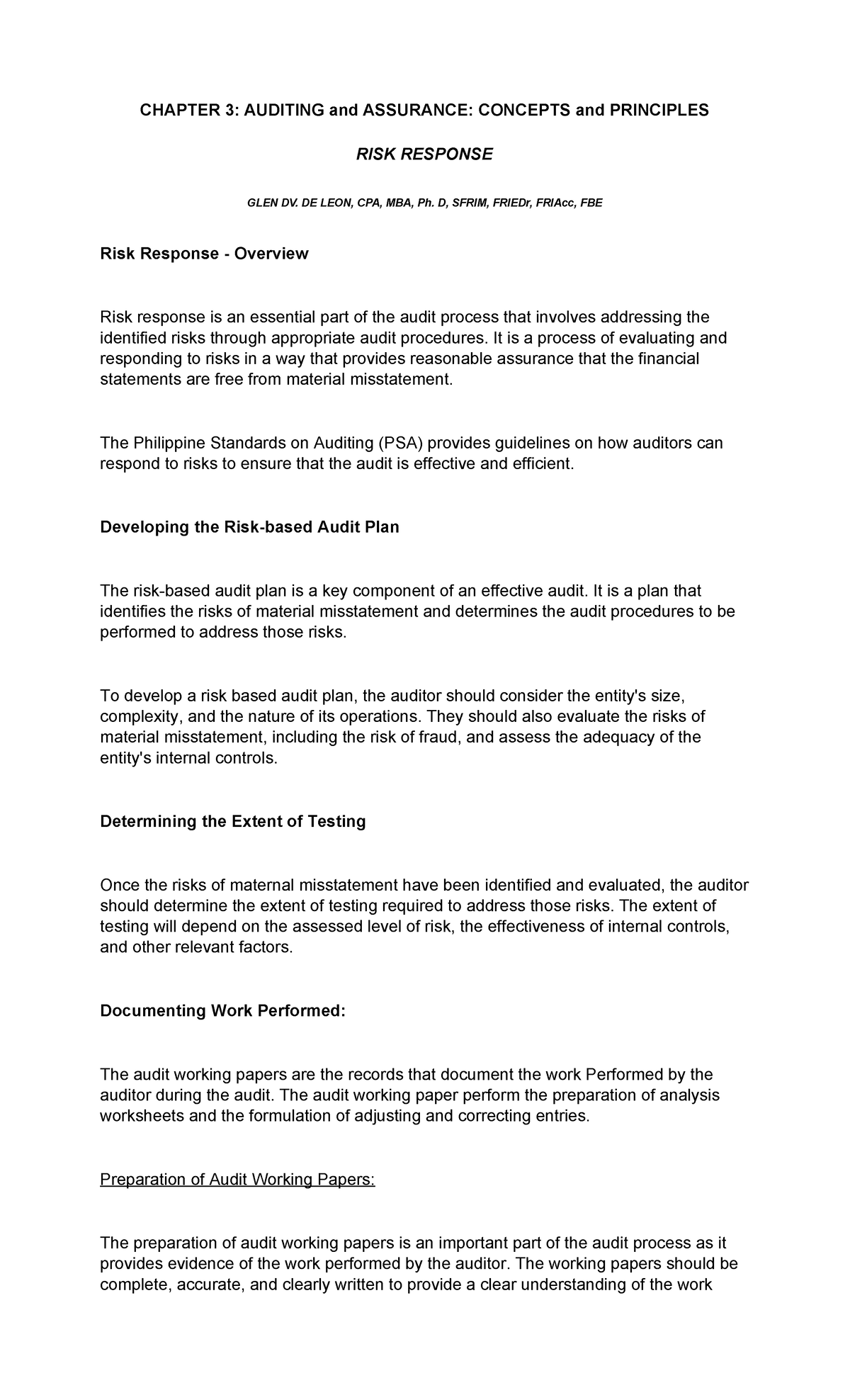 Chapter 3 Auditing: Risk Response in Audit Processes - Studocu