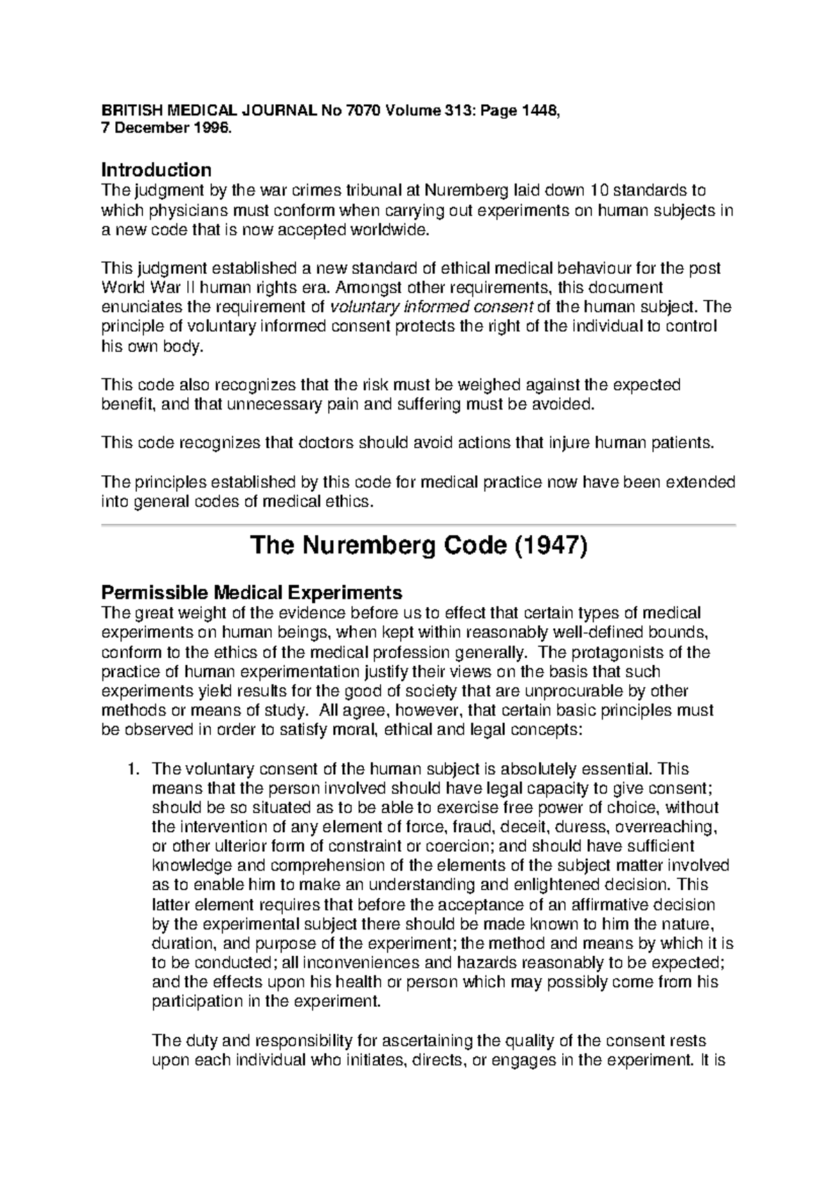NUR 313: Ethical Standards in Human Experimentation - Nuremberg Code ...