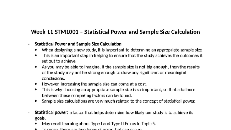 Week 11 STM1001 - Statistical Power & Sample Size Calculations - Studocu