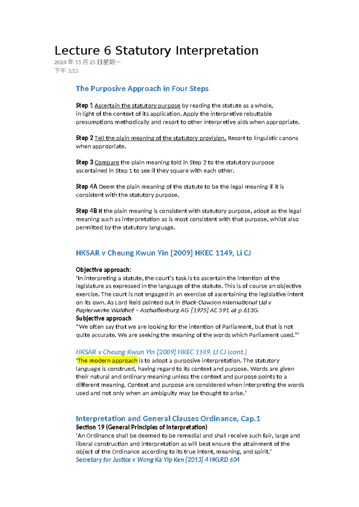 Lecture 6: The Purposive Approach to Statutory Interpretation - Studocu