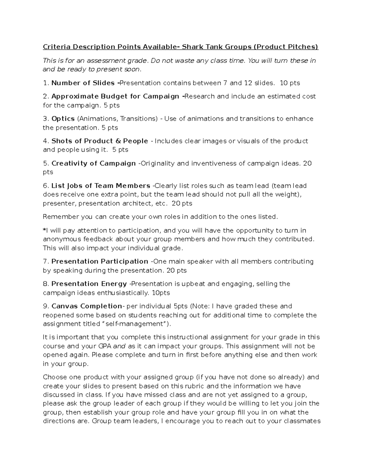 Rubric for Shark Tank Groups (Product Pitches) Assessment - Studocu
