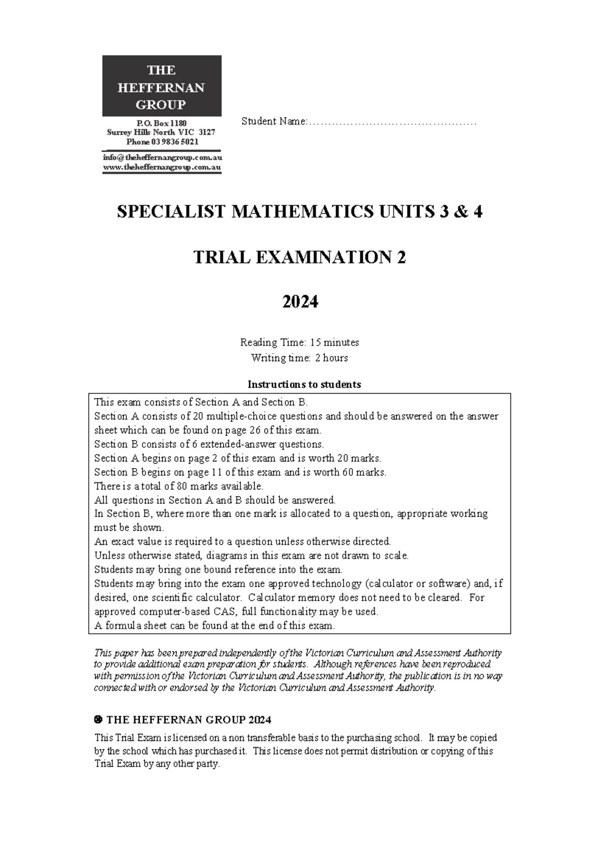 2024 Specialist Mathematics Units 3 & 4 Trial Exam 2 - Heffernan Group ...