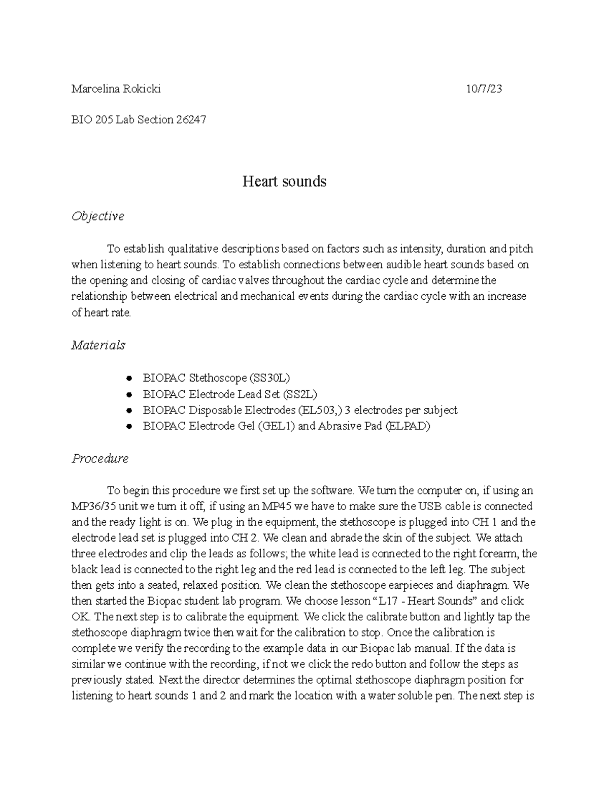 Bio 205 heart sounds lab report - Marcelina Rokicki 10/7/ BIO 205 Lab ...