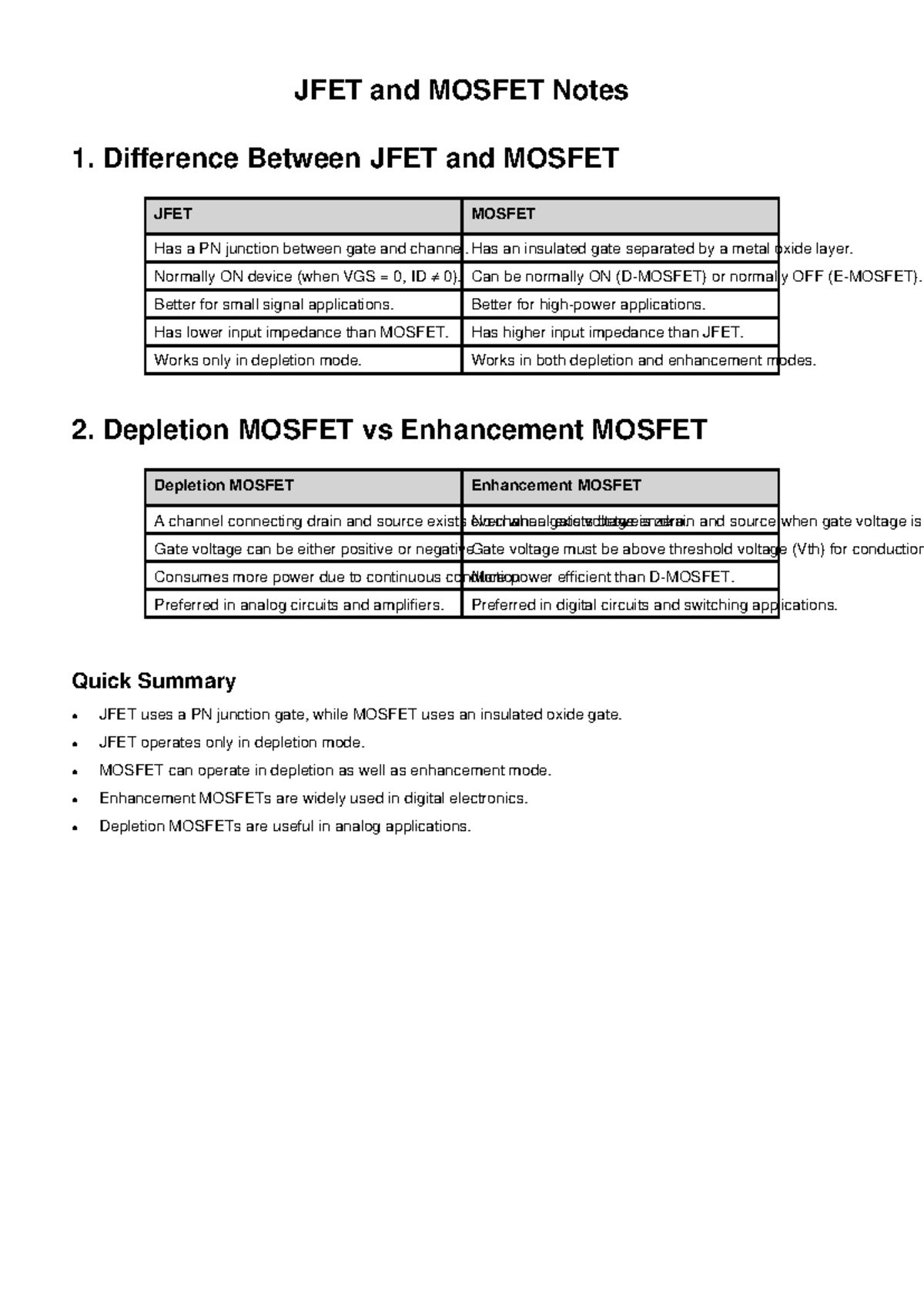 JFET and MOSFET Comparison Notes: Key Differences Explained - Studocu