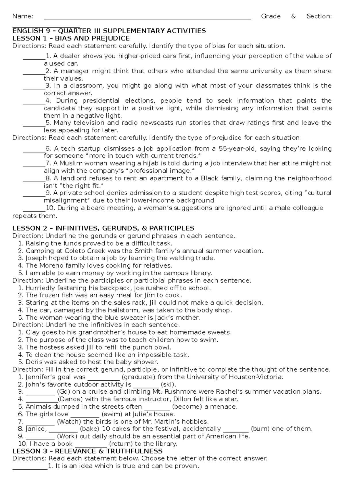 English 9 Quarter Supplementary Activities: Lessons on Bias, Modals ...
