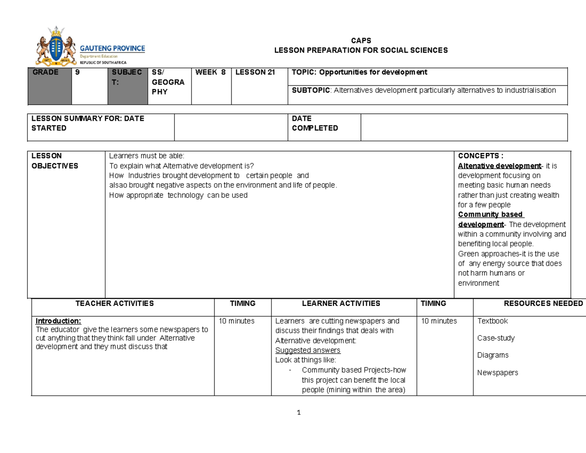 Geography Grade 9 Term 2 Lesson 21: Alternative Development Approaches ...