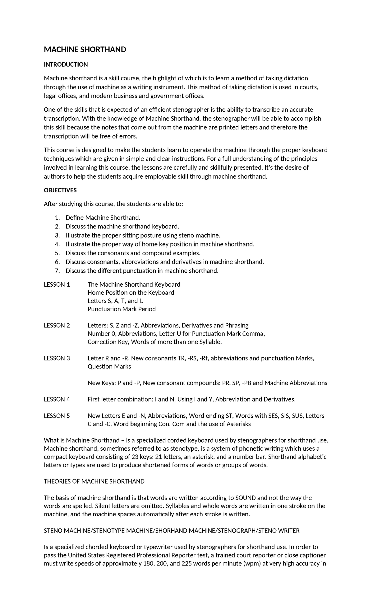 Machine Shorthand Course Overview and Objectives: Skills for ...