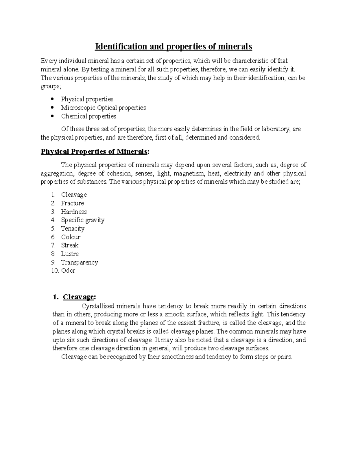 Geology assignment 2 - Identification and properties of minerals in ...