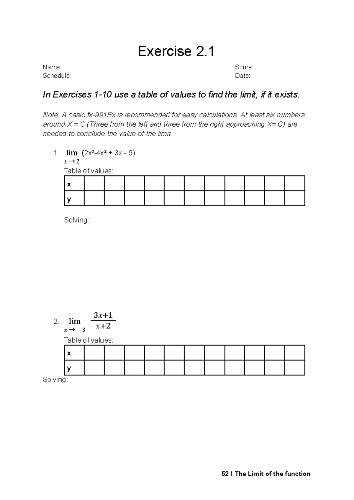 Limits - eabab - Exercise 2. Name: Score: Schedule: Date: In Exercises ...
